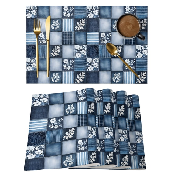 Blue Patchwork Cotton Linen Placemats Set of 6, Blue Floral Checkered ...