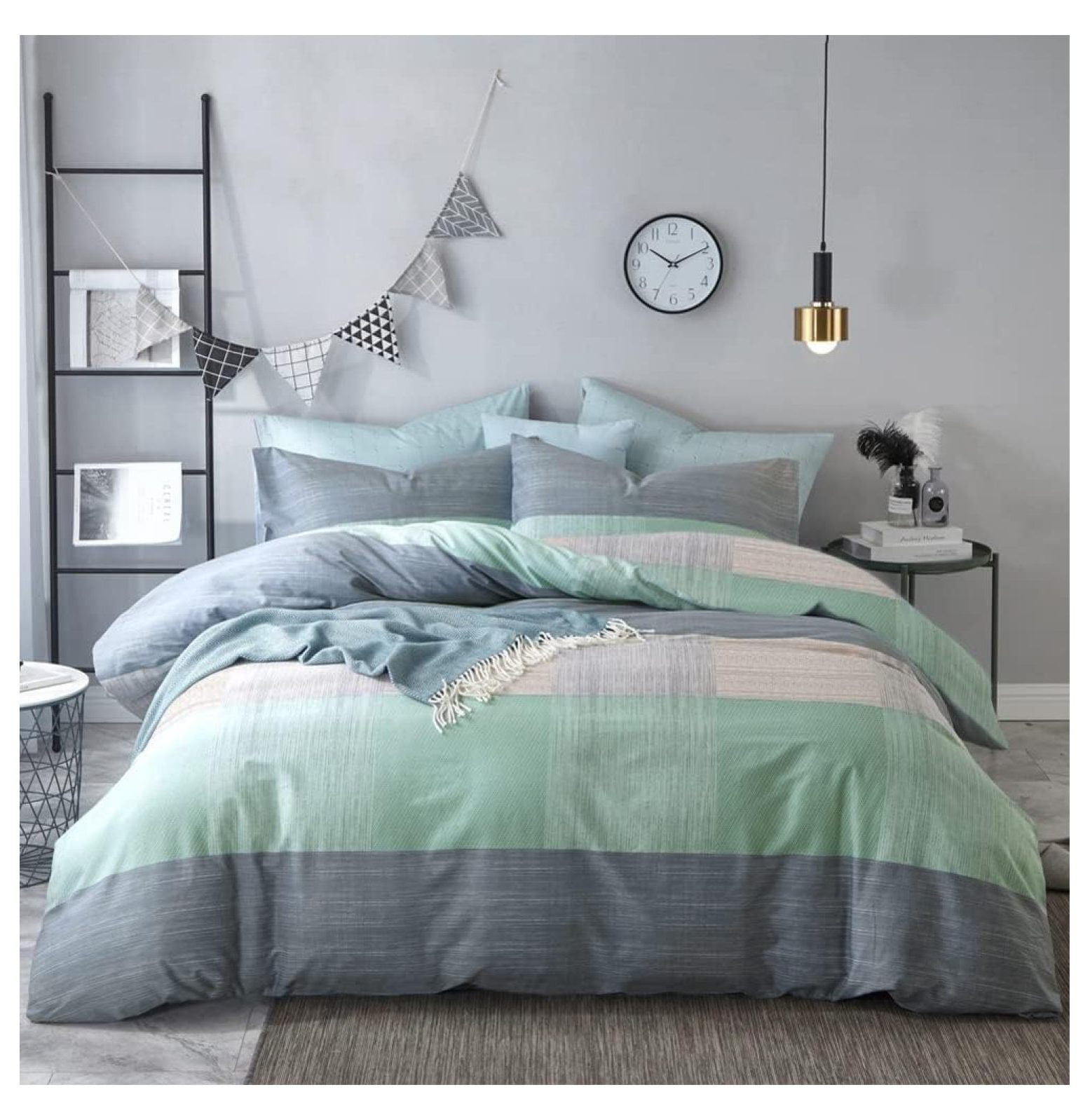 Blue Patchwork Duvet Cover Set Queen Multi-Dimensional Design Modern ...