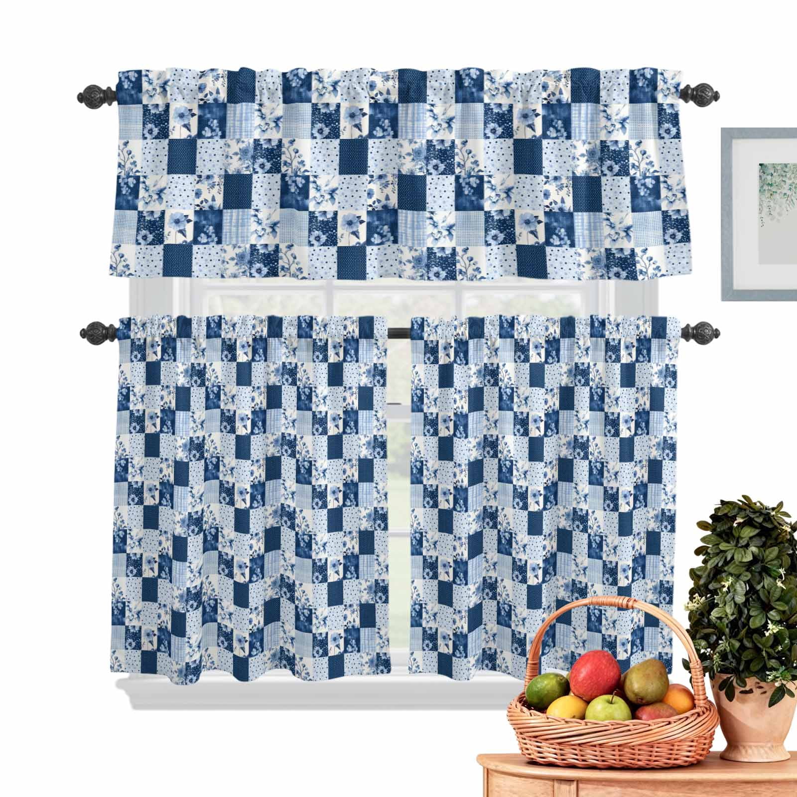Blue Patchwork Kitchen Curtains Valances 3 Piece Set, Blue Flower Wave ...