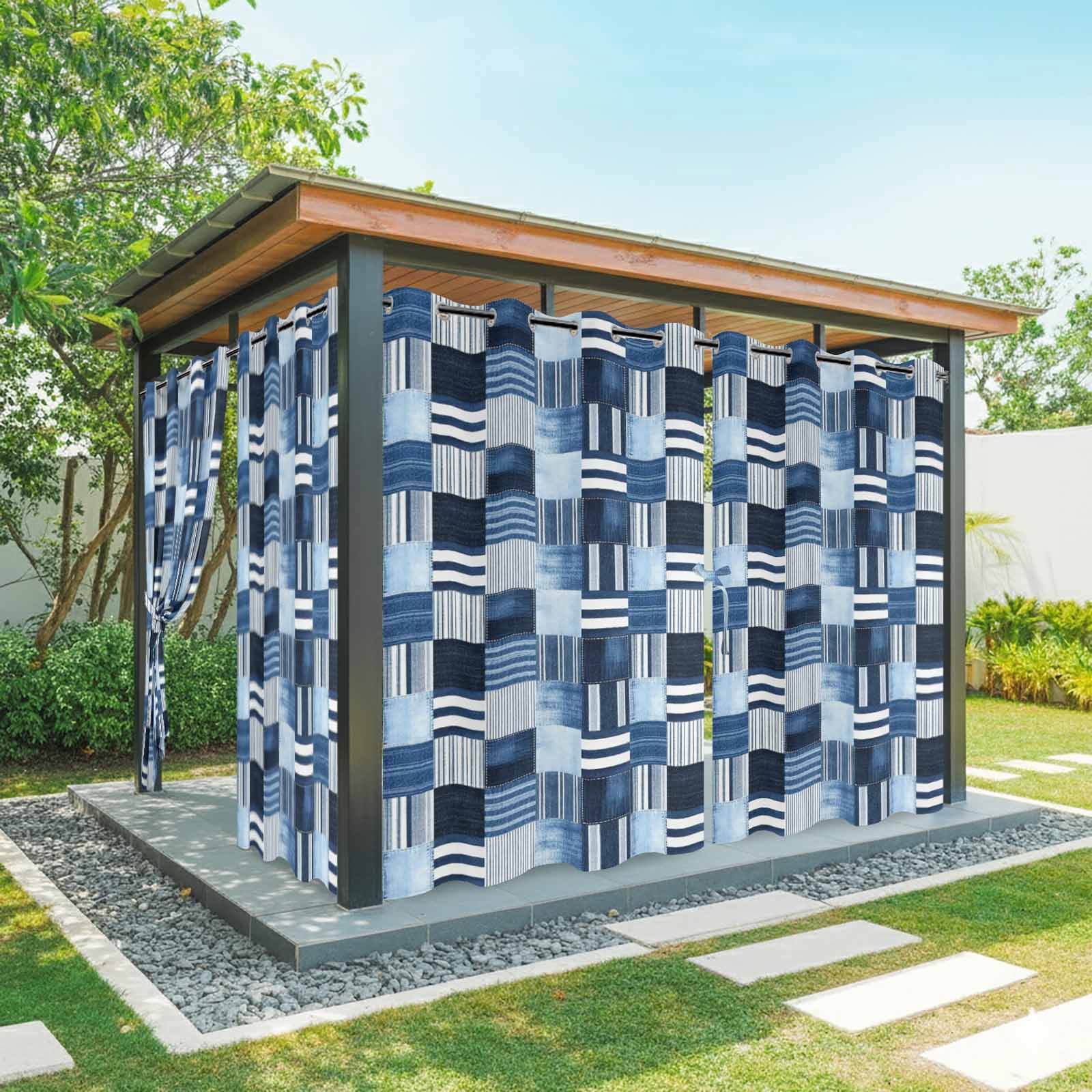 Blue Patchwork Outdoor Curtains for Patio, Blue Checkered Linen Texture ...