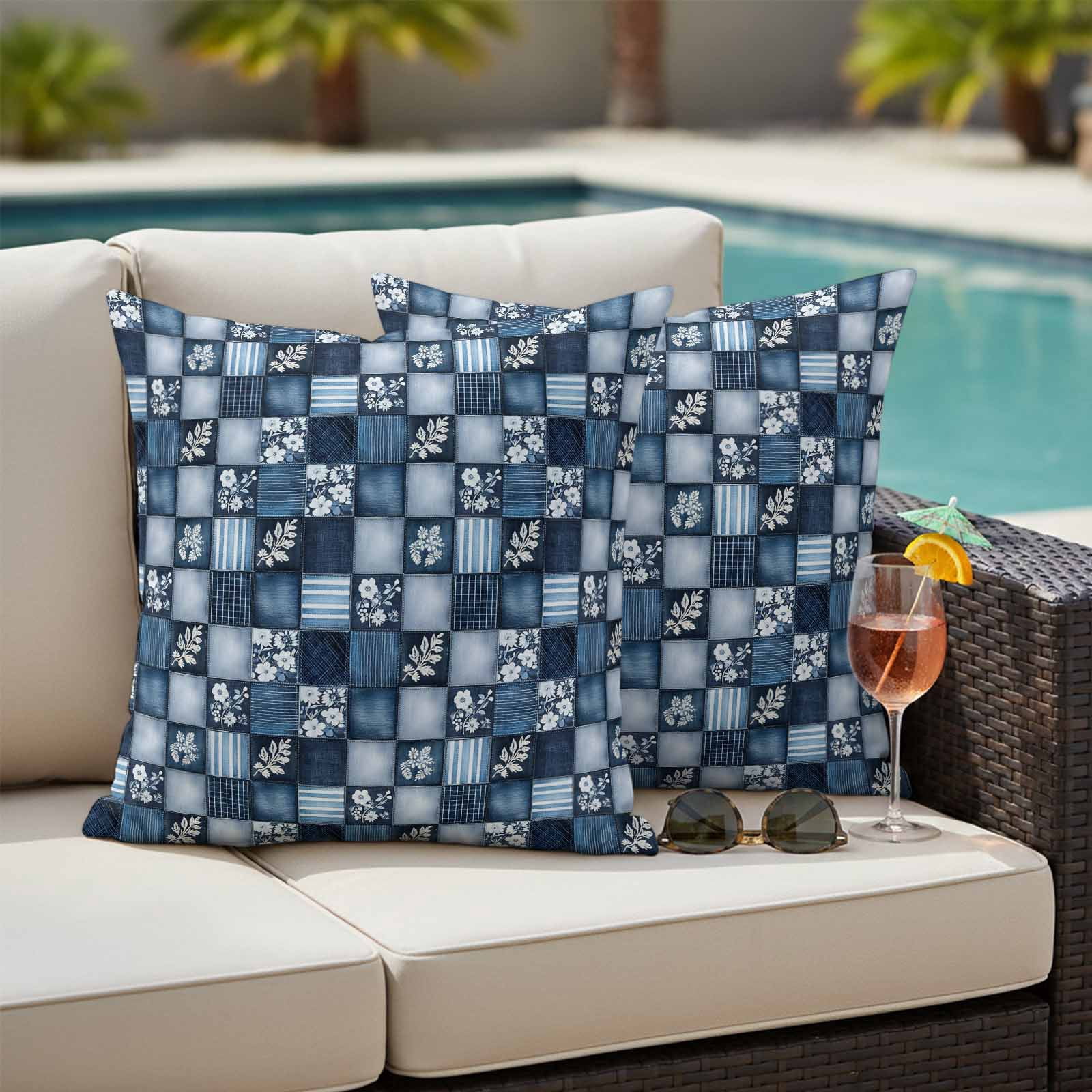 Blue Patchwork Outdoor Throw Pillow Covers Set of 2, Blue Floral ...