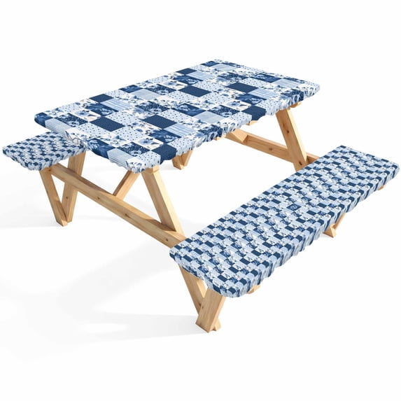 Blue Patchwork Picnic Table Cover with Bench Covers Blue Flower Wave ...