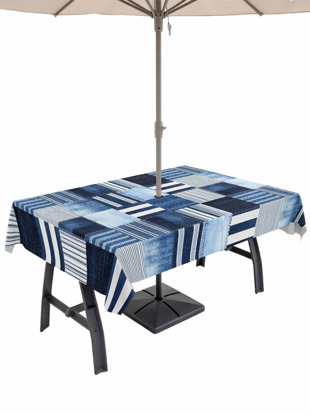 Blue Patchwork Rectangle Outdoor Tablecloth with Umbrella Hole Blue ...