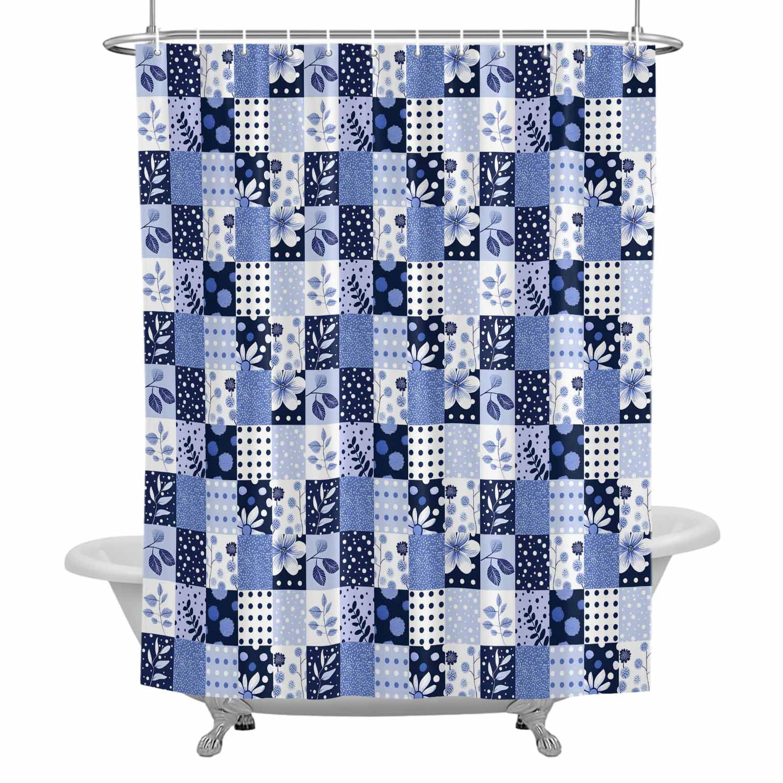 Blue Patchwork Shower Curtain for Bathroom, Purple Flower Wave Point ...