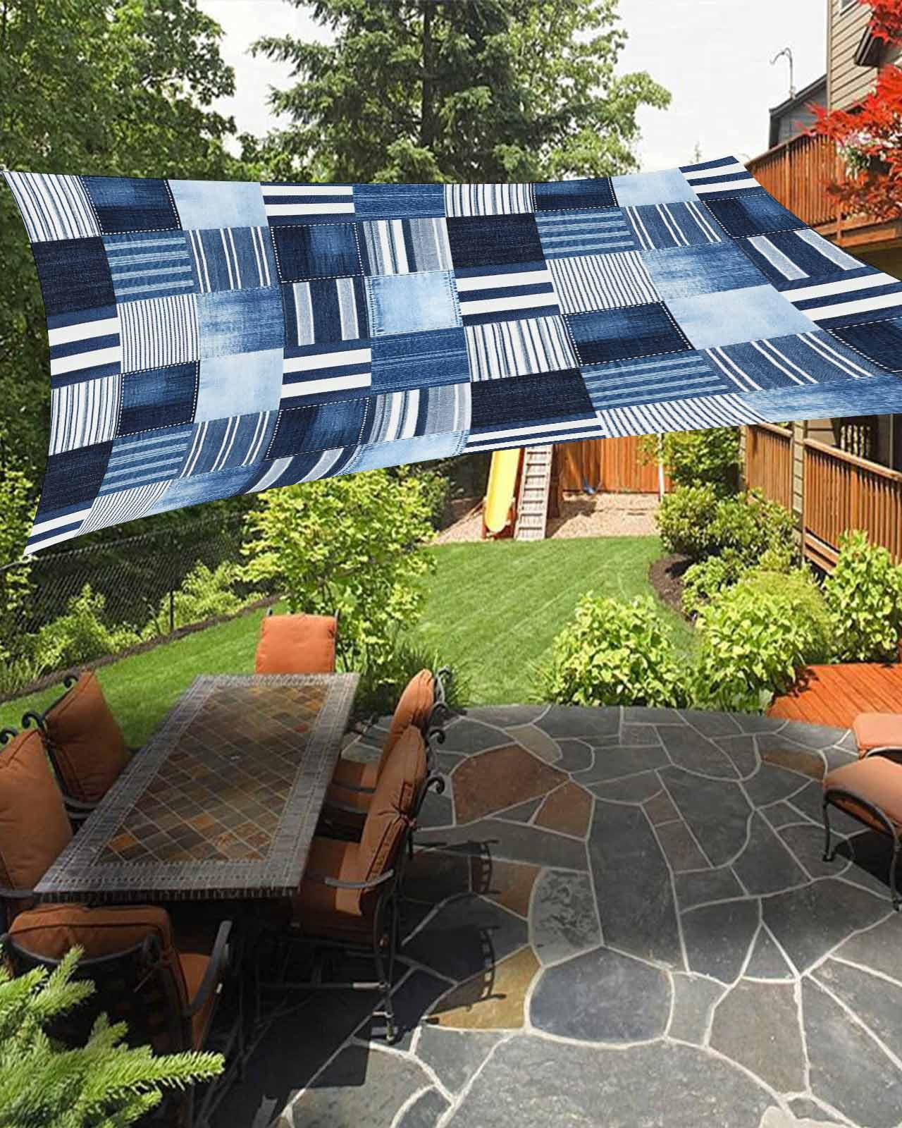 Blue Patchwork Sun Shade Sail 12'X16' Blue Checkered Linen Texture ...