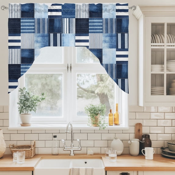Blue Patchwork Swag Curtain Valance for Windows, Blue Checkered Linen ...
