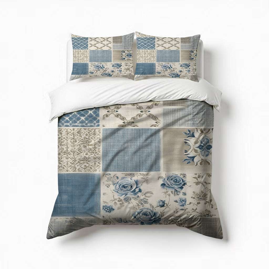 Blue Patchwork Textile Design Tiles Bedding Set 3 Pcs Soft Microfiber ...