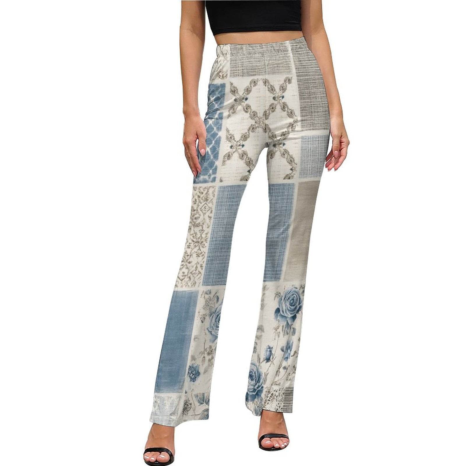 Blue Patchwork Textile Design Tiles High Waisted Casual Flared Trousers ...