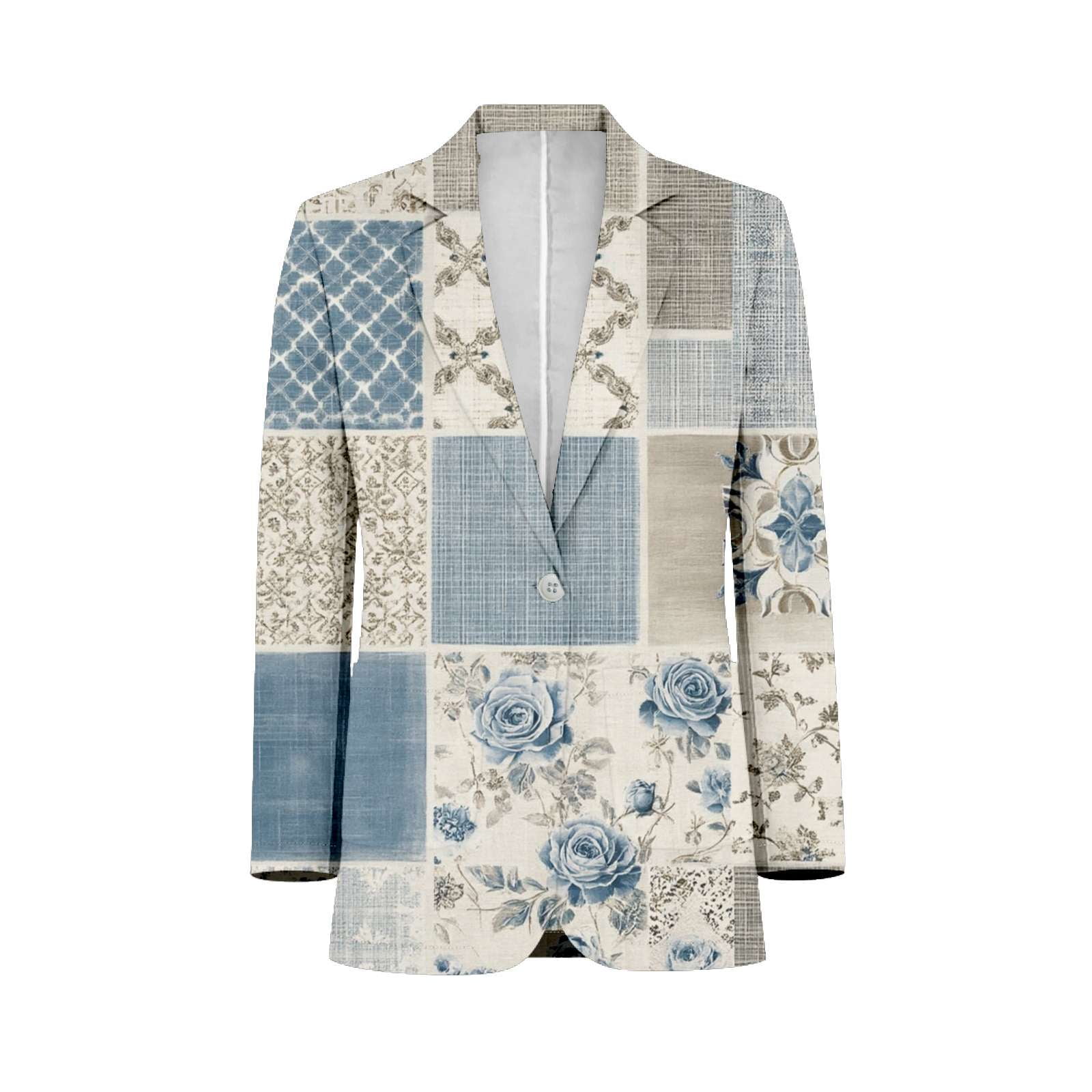 Blue Patchwork Textile Design Tiles Mens Suits Shawl Collar Slim Fit ...