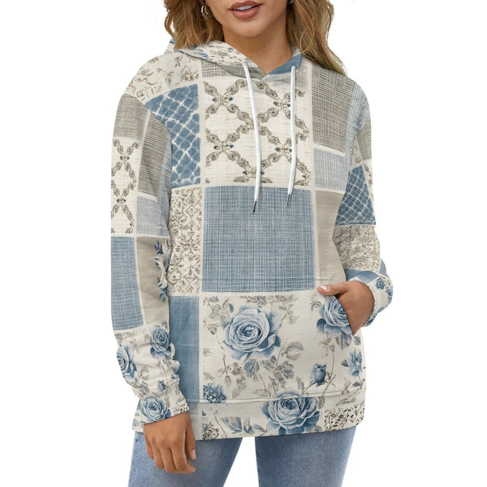 Blue Patchwork Textile Design Tiles Oversized Hoodies For Woman ...