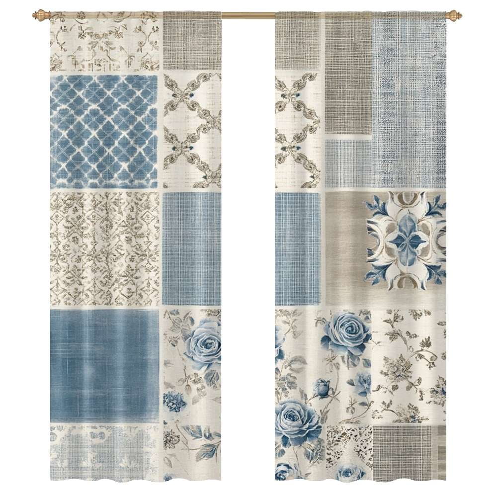 Blue Patchwork Textile Design Tiles Tulle Curtains For Living Room ...