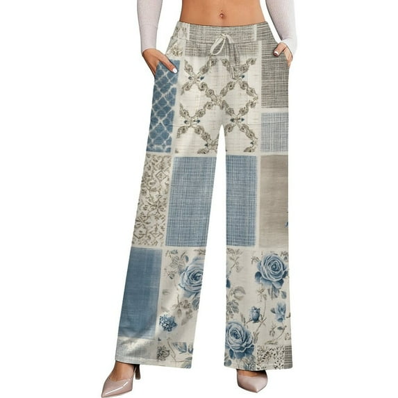Blue Patchwork Textile Design Tiles Women's Casual Wide Leg Pants ...