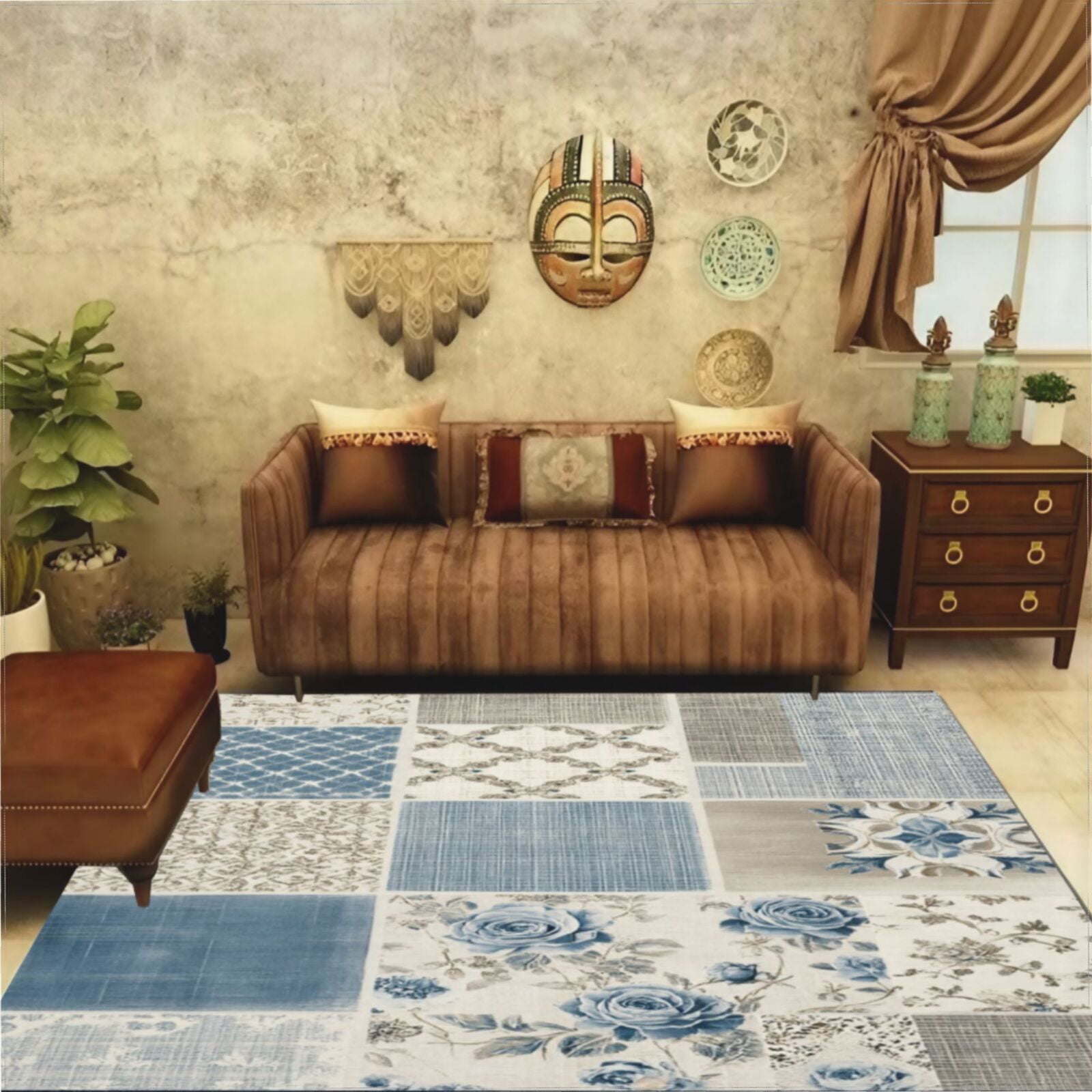 Blue Patchwork Textile Tiles Light Luxury Home Carpets Living Room ...