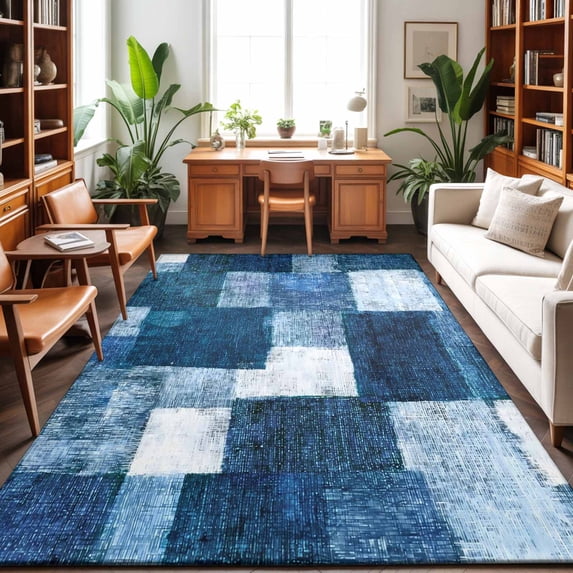 Blue Patchwork Washable Area Rug 8 x 10 ft Modern Abstract Dark Blue ...