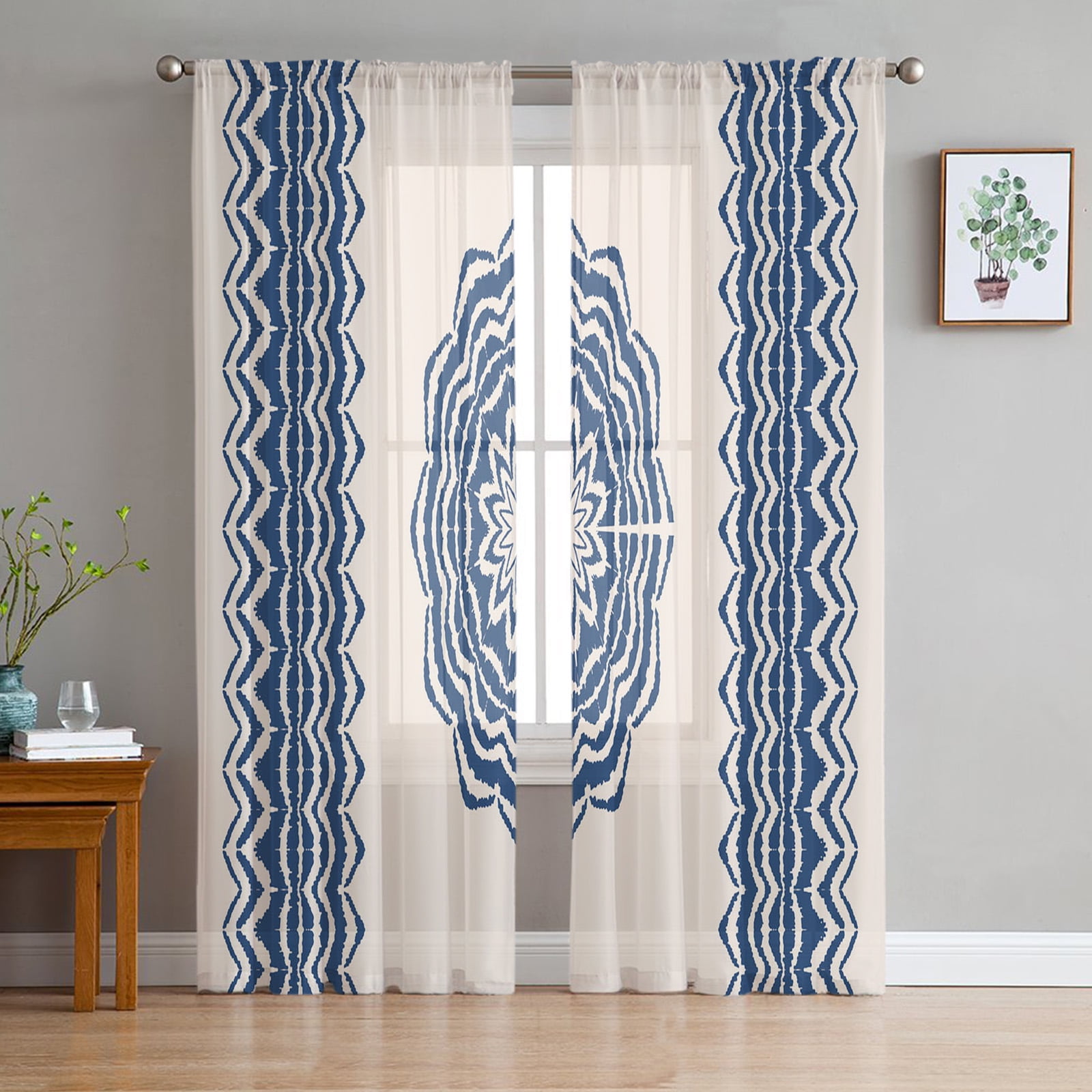 Blue Pattern Texture Geometric Retro Sheer Curtains for Living Room ...