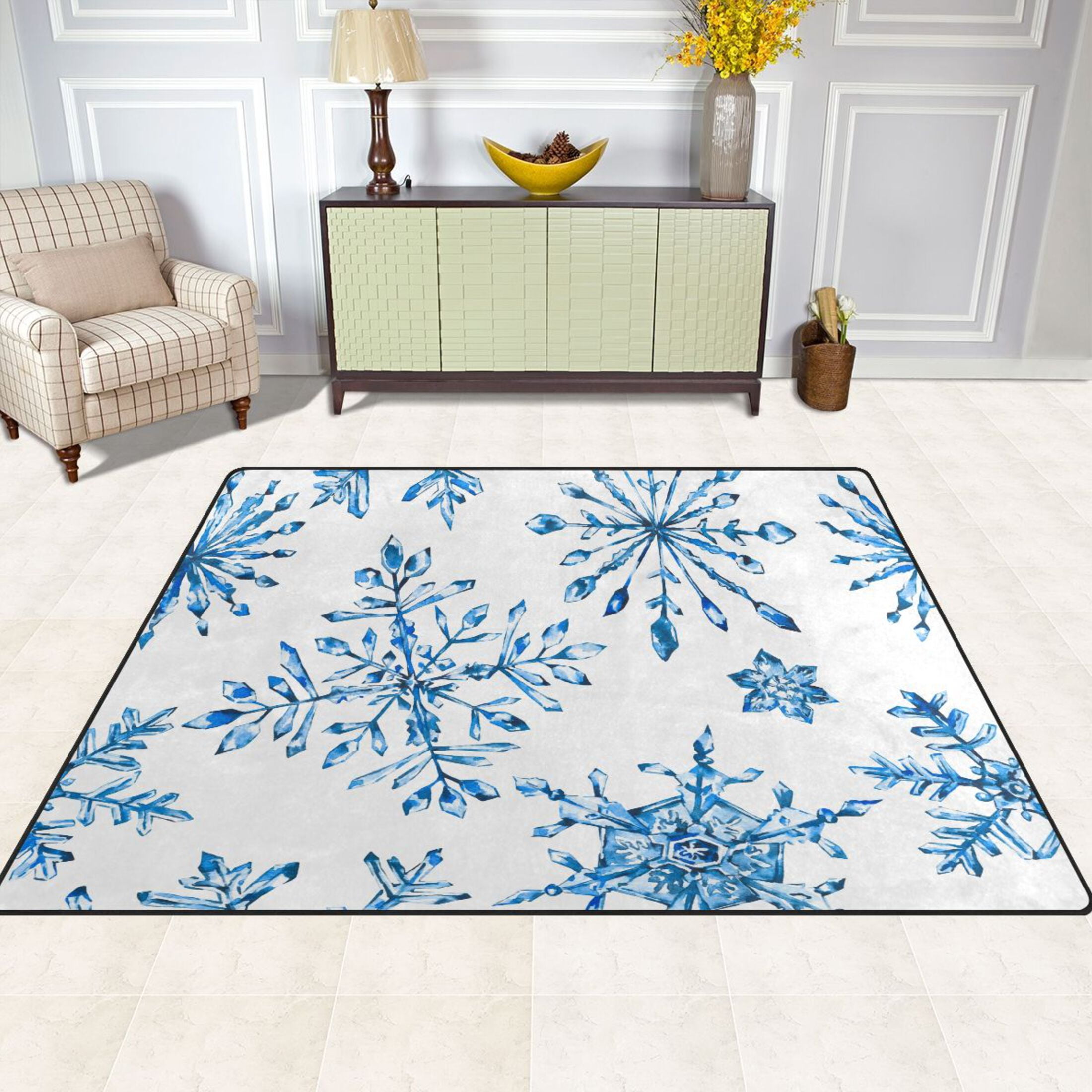 Blue Pattern with Snowflakes Area Floor Rugs Soft Non-Slip Large Mats ...