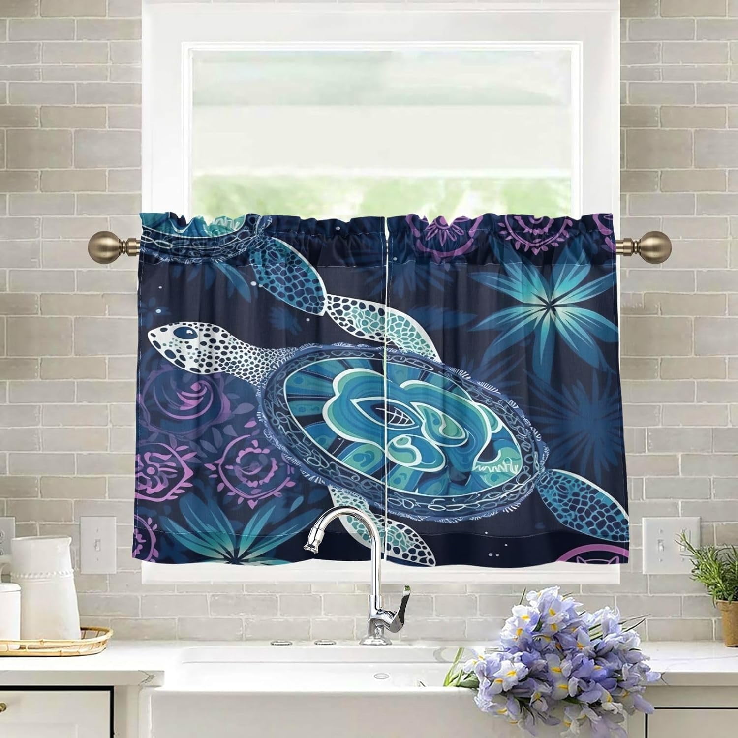 Blue Patterned Sea Turtle Half Window Tier Curtains 36 Inch Blackout ...
