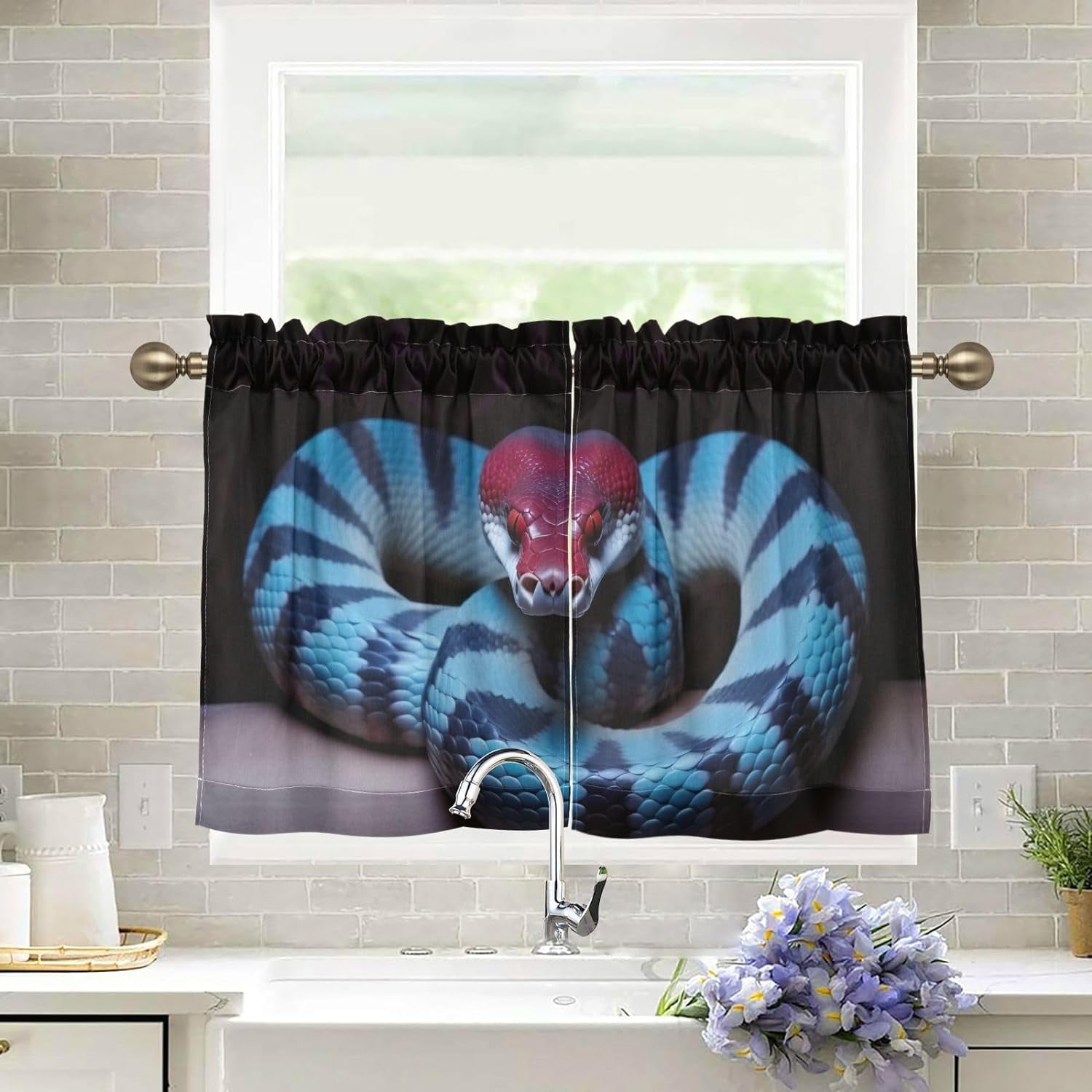 Blue Patterned Snake Half Window Tier Curtains 36 Inch Blackout Thermal ...