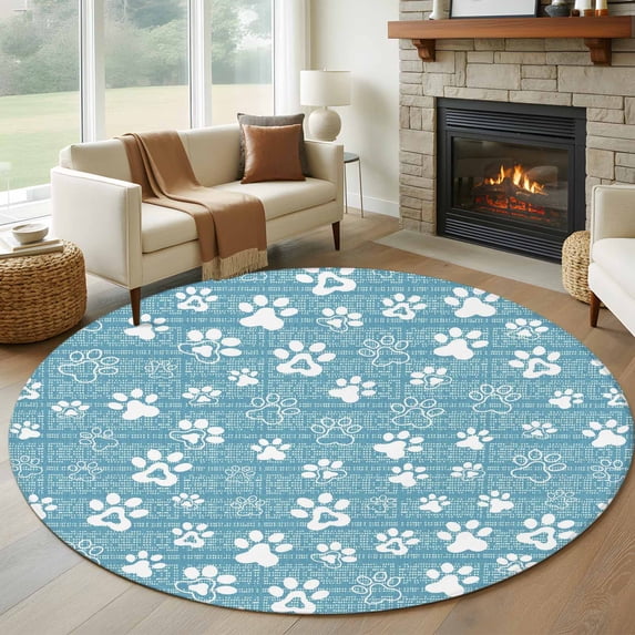 Blue Paw Print 7FT Round Area Rugs for Living Room Modern Classic Blue ...