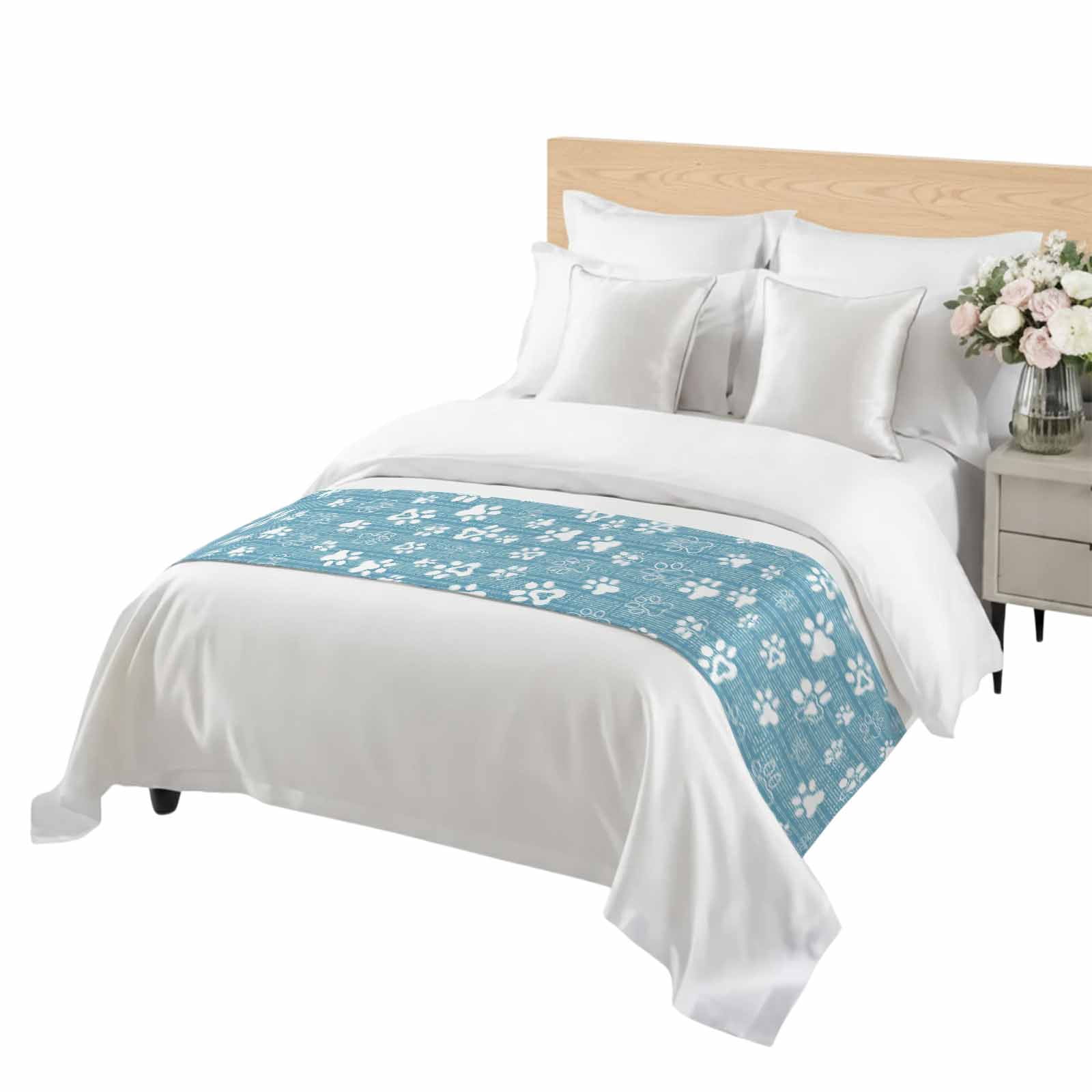 Blue Paw Print Bed Runner King Size Modern Classic Blue White Animal ...