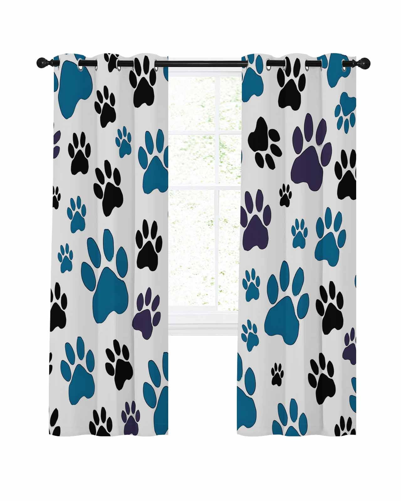 Blue Paw Print Blackout Curtains 90 Inches Long for Bedroom, Black ...