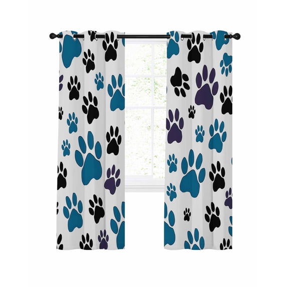 Blue Paw Print Blackout Curtains 90 Inches Long for Bedroom, Black ...