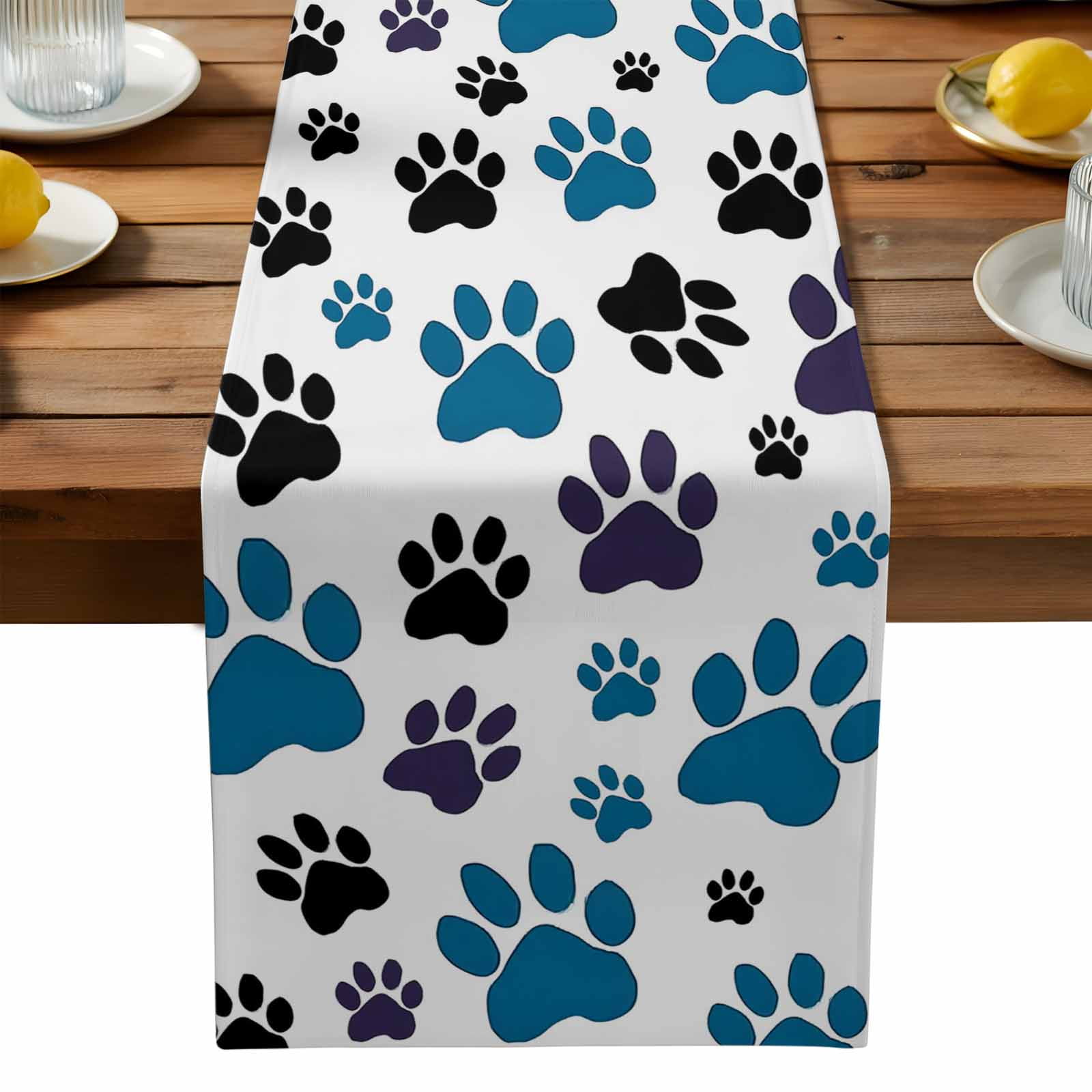 Blue Paw Print Cotton Linen Table Runner for Dining Kitchen, Black ...