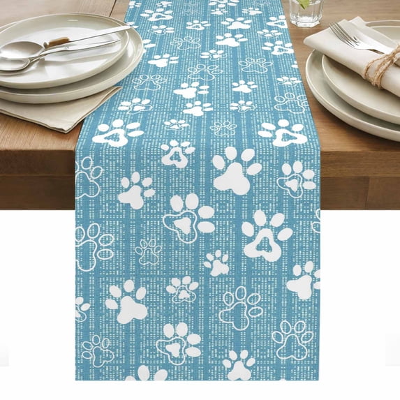 Blue Paw Print Cotton Linen Table Runner Modern Classic Blue White ...