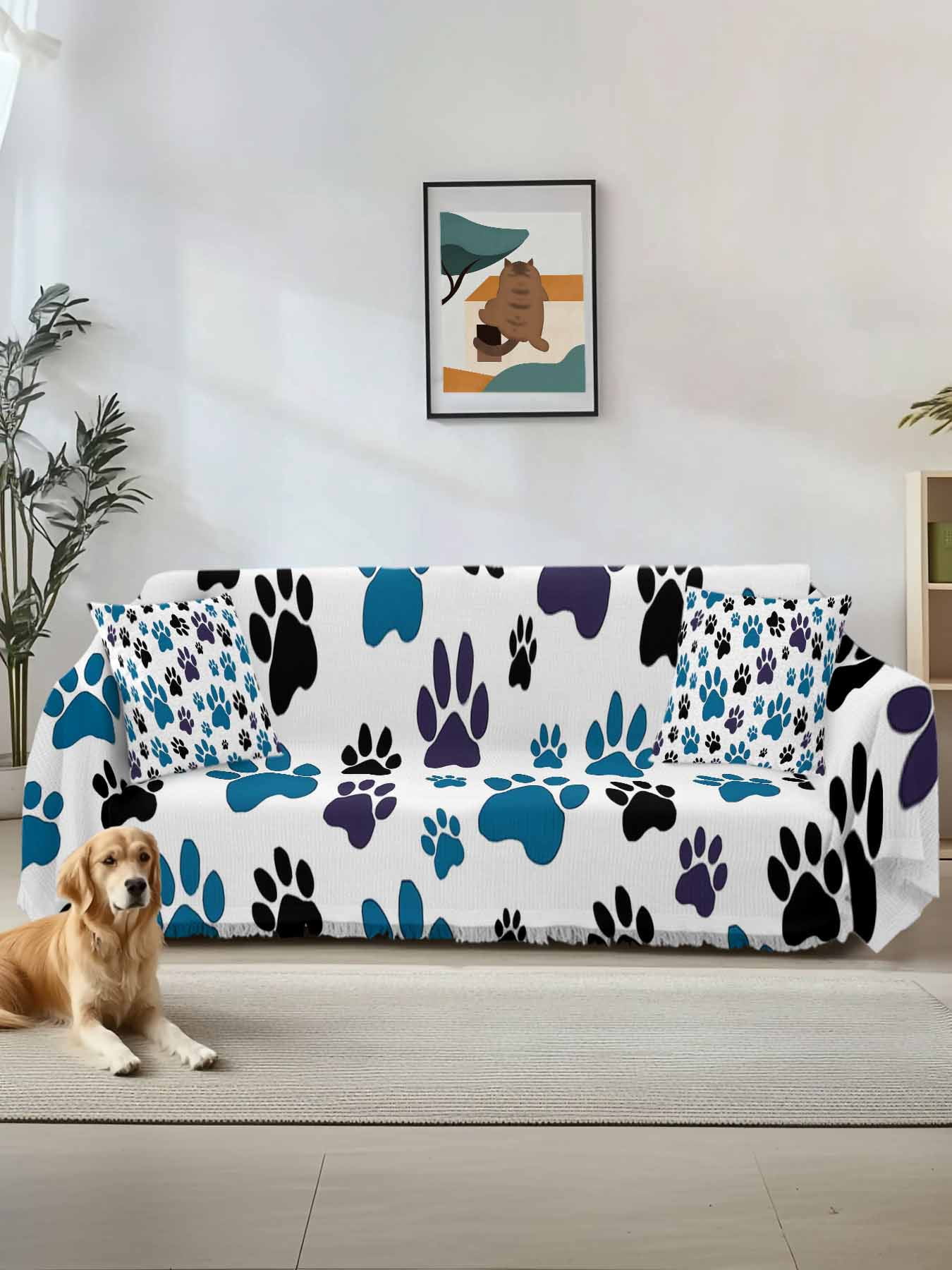 Blue Paw Print Couch Cover for 2 Cushion Sofa, Black Animals Cat Dog ...