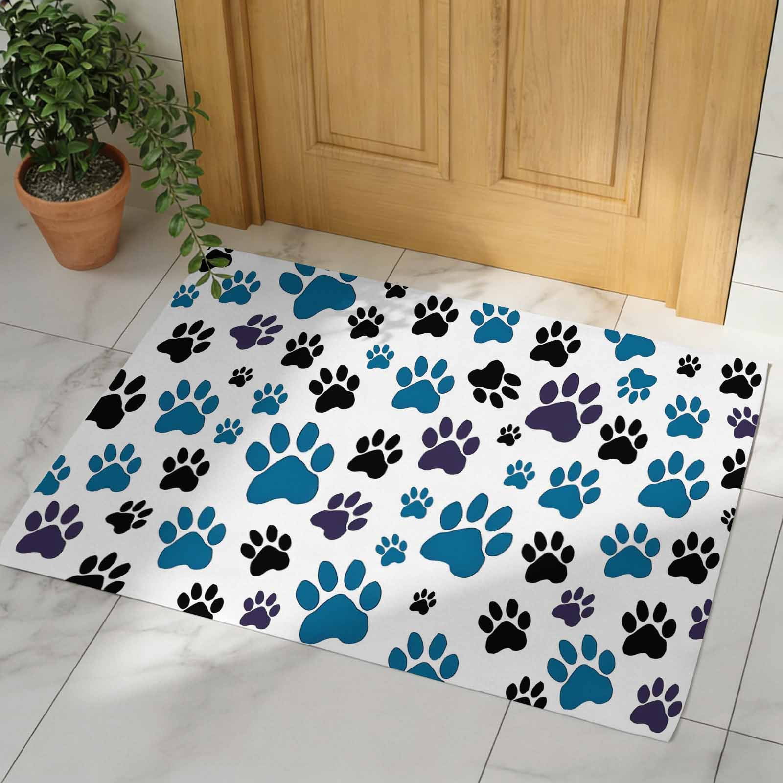 Blue Paw Print Door Mat, Non Slip Bathroom Rugs, Black Animals Cat Dog ...