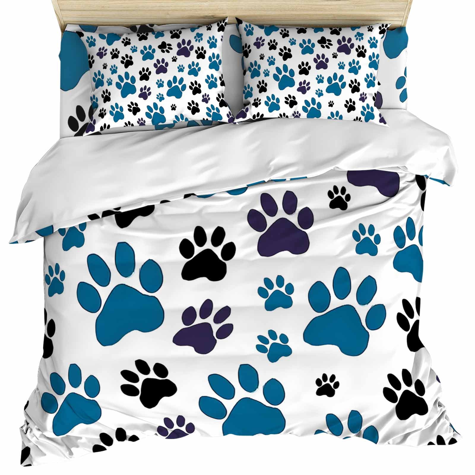 Blue Paw Print Duvet Cover Set, Black Animals Cat Dog Colored Cartoon ...