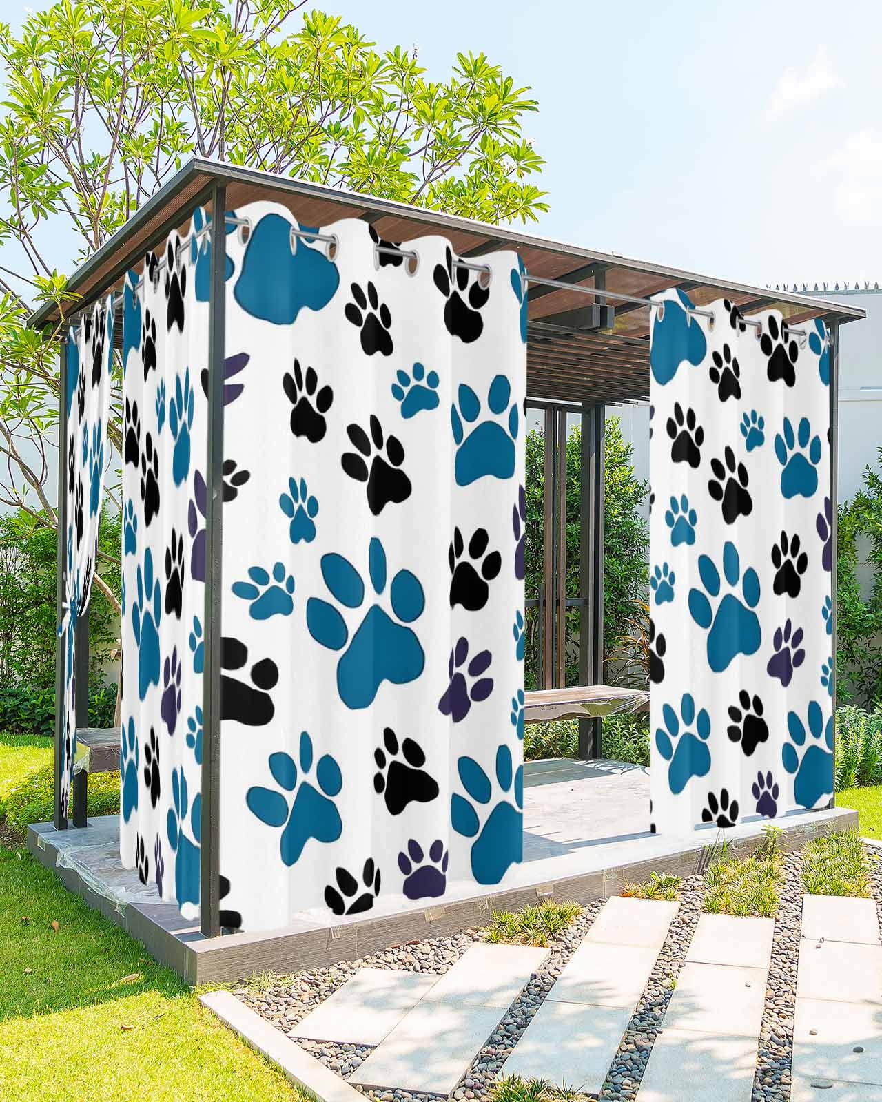 Blue Paw Print Outdoor Curtains for Patio Waterproof,Black Animal Cat ...