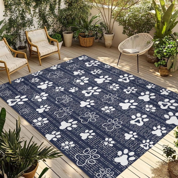 Blue Paw Print Outdoor Rug, Modern Classic Dark Blue White Animal Large ...