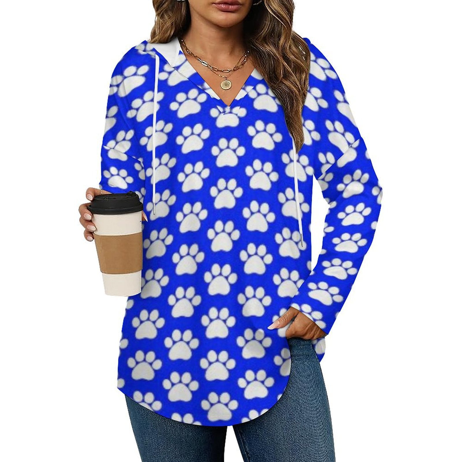 Blue Paw Print Pattern Long Sleeve For Women Spring Autumn Slim Fit ...