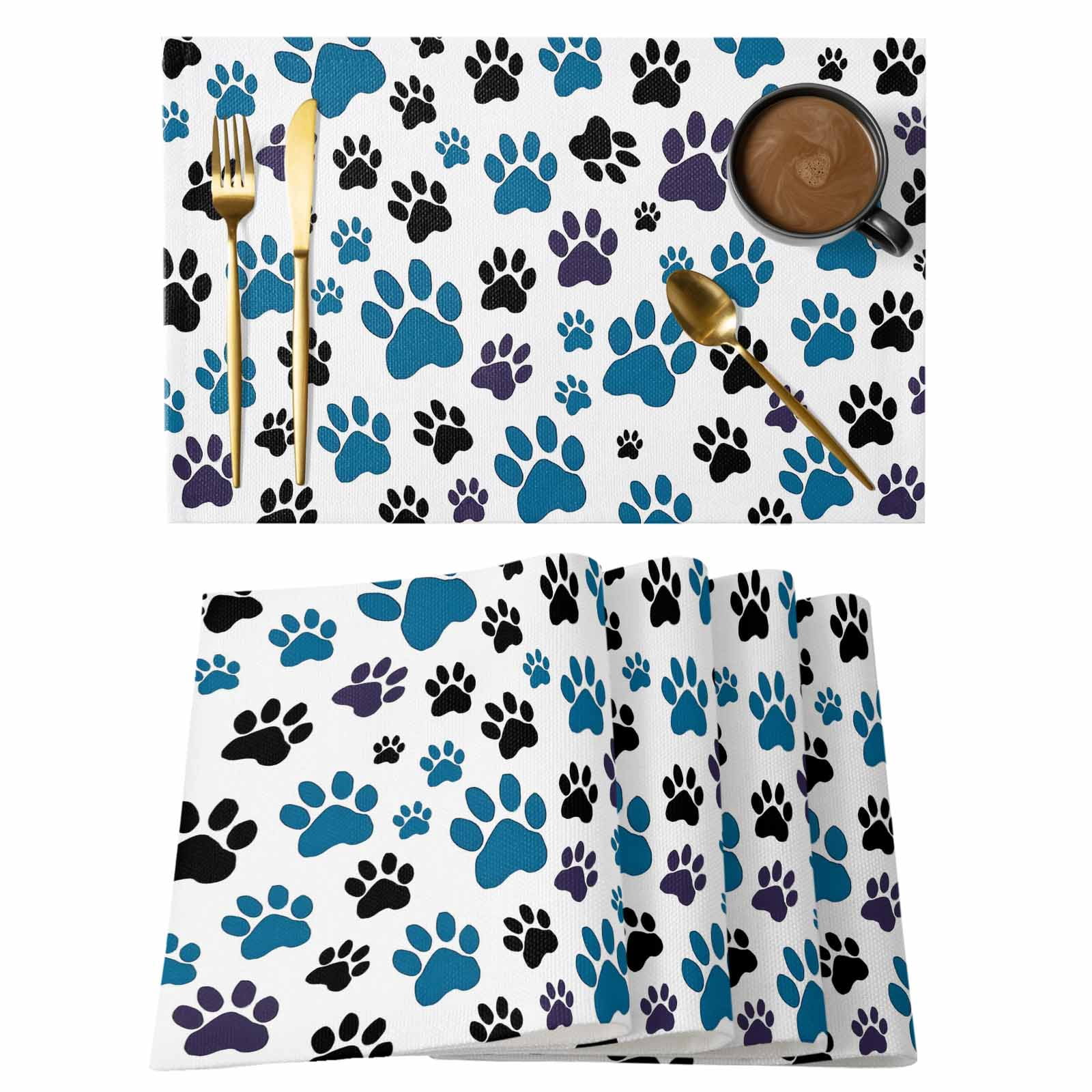 Blue Paw Print Placemats Set of 12, Black Animals Cat Dog Colored ...