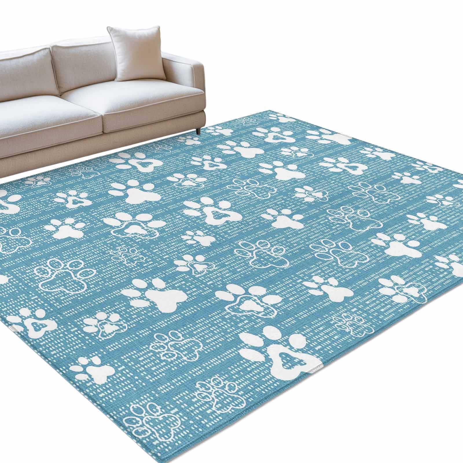 Blue Paw Print Rectangle Rug 6'x9' Modern Classic Blue White Animal ...