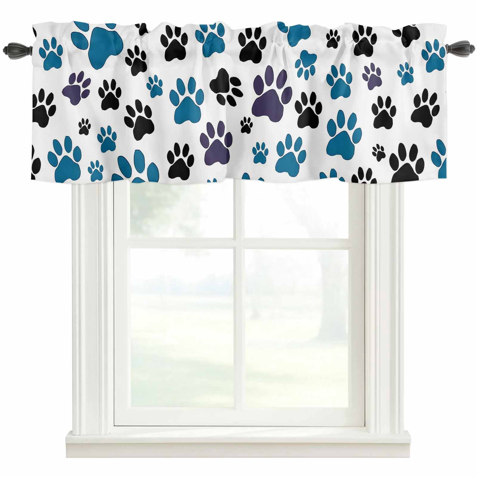 Blue Paw Print Rod Pocket Curtain Valance, Black Animals Cat Dog ...