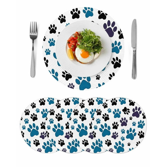 Blue Paw Print Round 13 Inch Placemats Set of 4, Black Animals Cat Dog ...