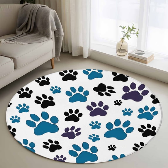 Blue Paw Print Round Area Rug 3.3 FT, Non Slip Small Entryway Kitchen ...