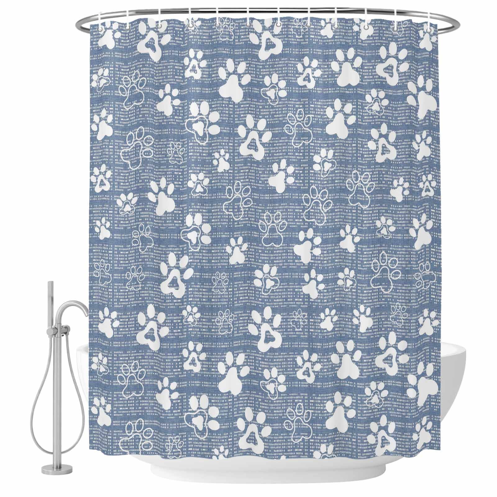 Blue Paw Print Shower Curtain for Bathroom, Classic Blue White Animal ...