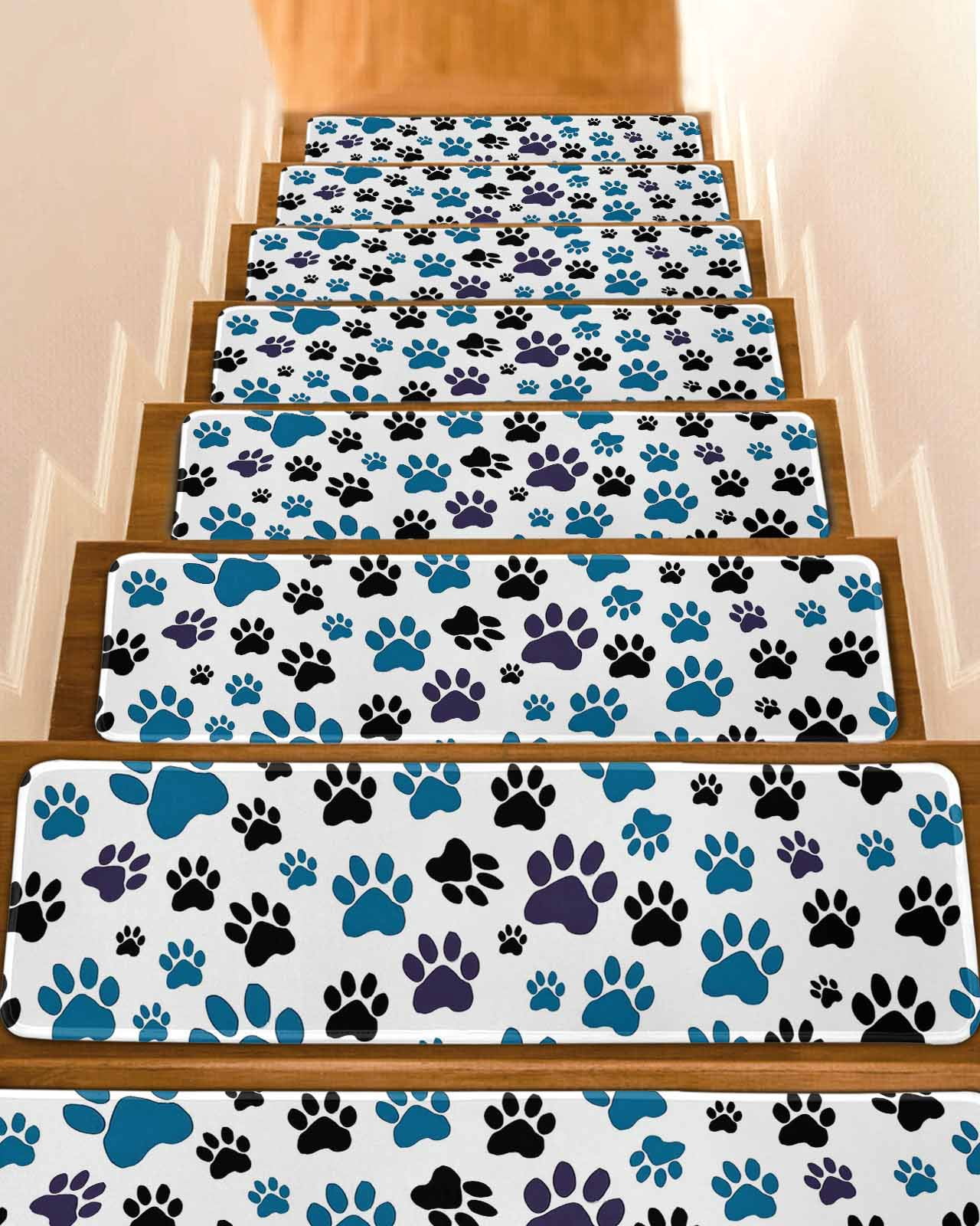 Blue Paw Print Stair Treads for Wooden Steps Indoor Runner Rug Carpet ...