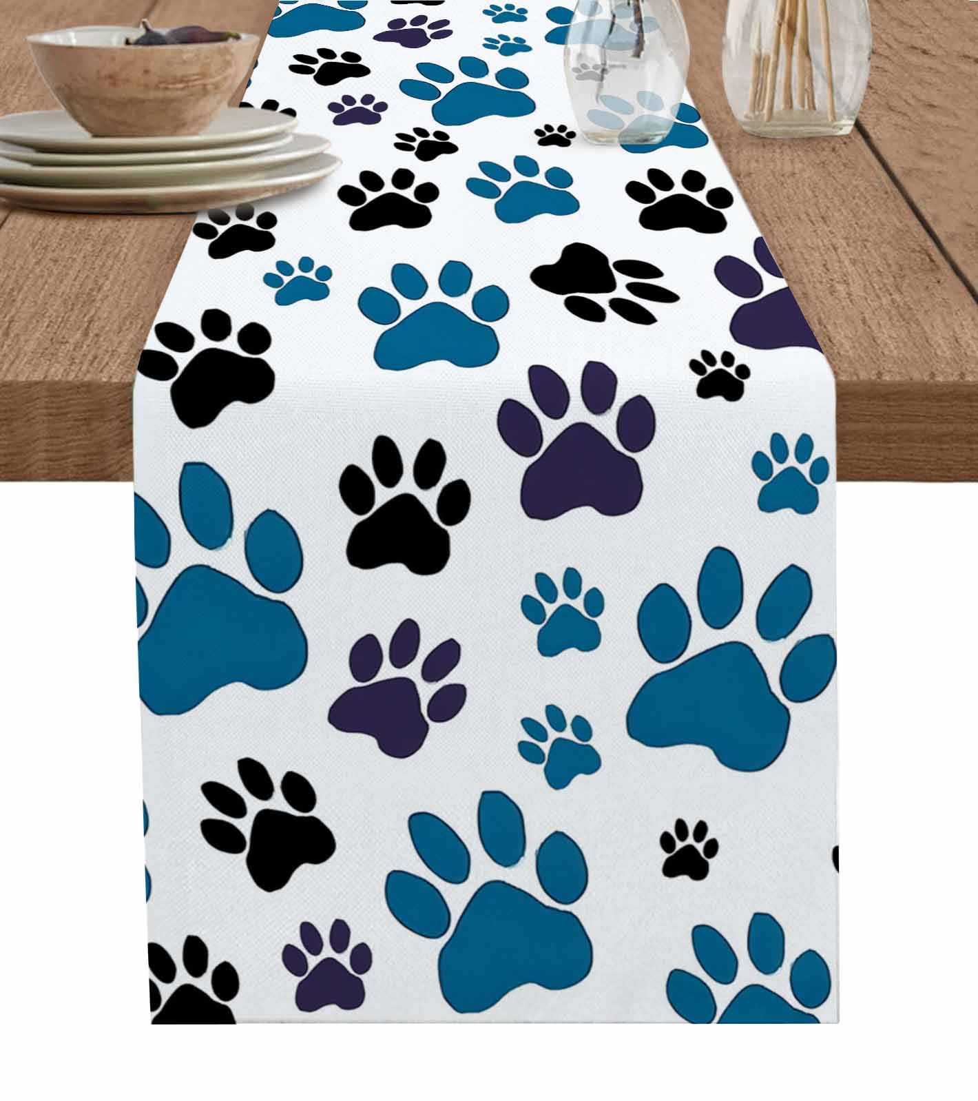 Blue Paw Print Table Runner 120 Inches, Black Animal Cat Dog Colored ...