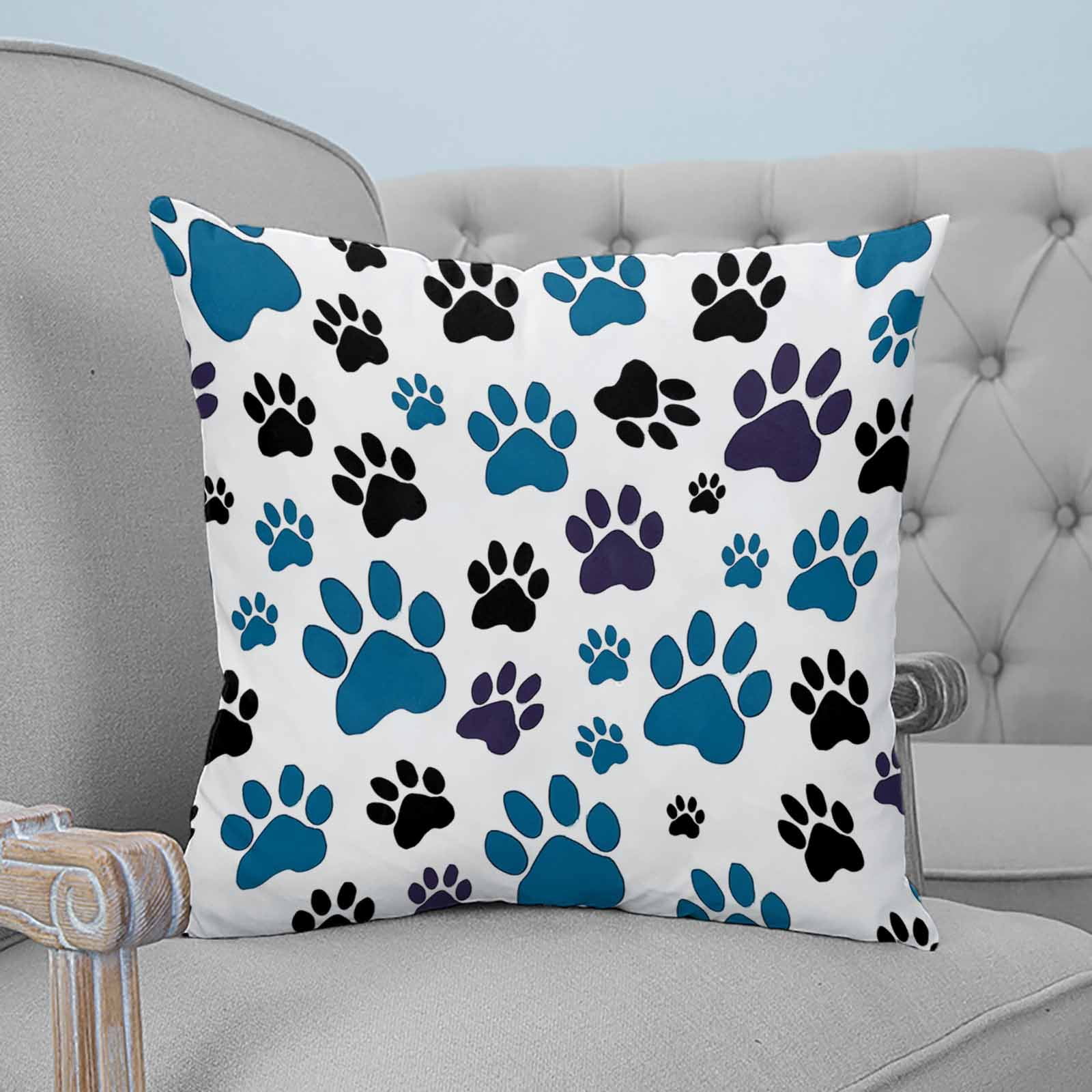 Blue Paw Print Throw Pillow Covers, Soft Pillowcases with Invisible ...