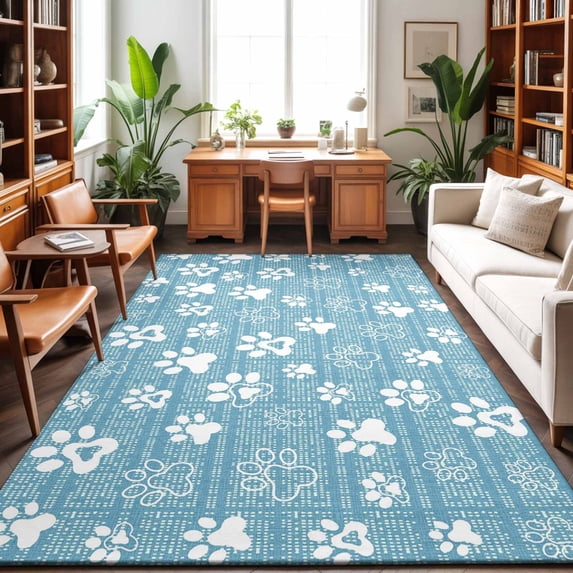Blue Paw Print Washable Area Rug 3 x 5 ft Modern Classic Blue White ...