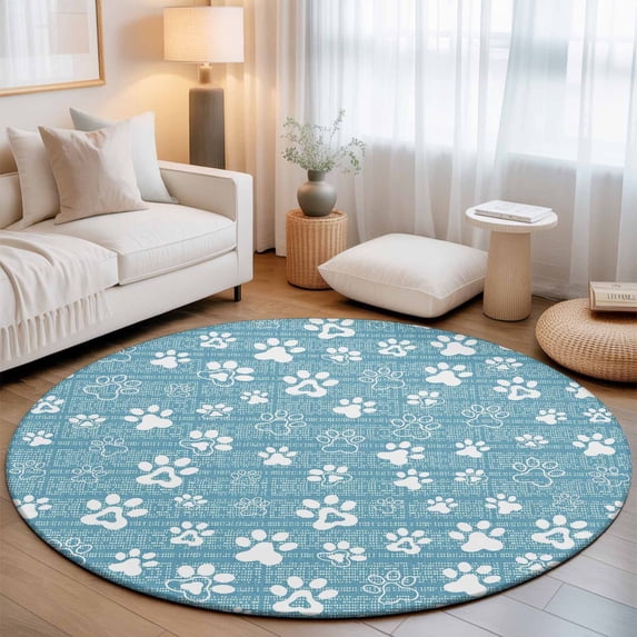 Blue Paw Print Washable Round Area Rug 3.3 ft, Modern Classic Blue ...