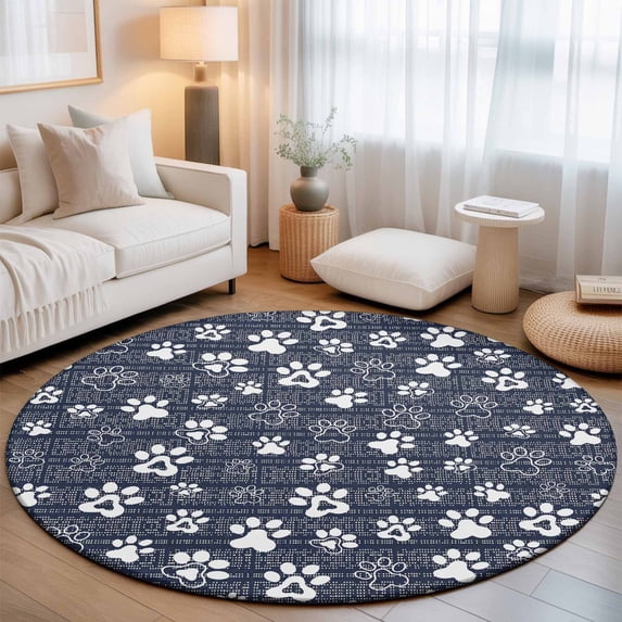 Blue Paw Print Washable Round Area Rug 5 ft, Modern Classic Dark Blue ...