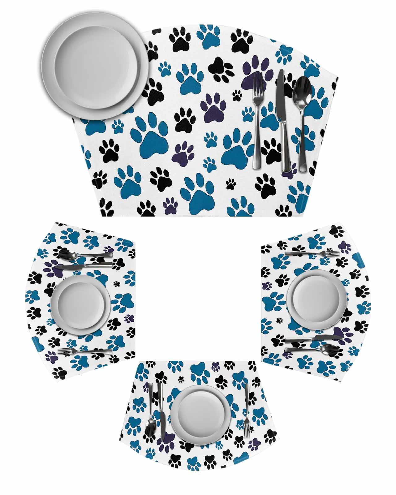 Blue Paw Print Wedge Shaped Placemats Set of 4, Cotton Linen Fan Place ...