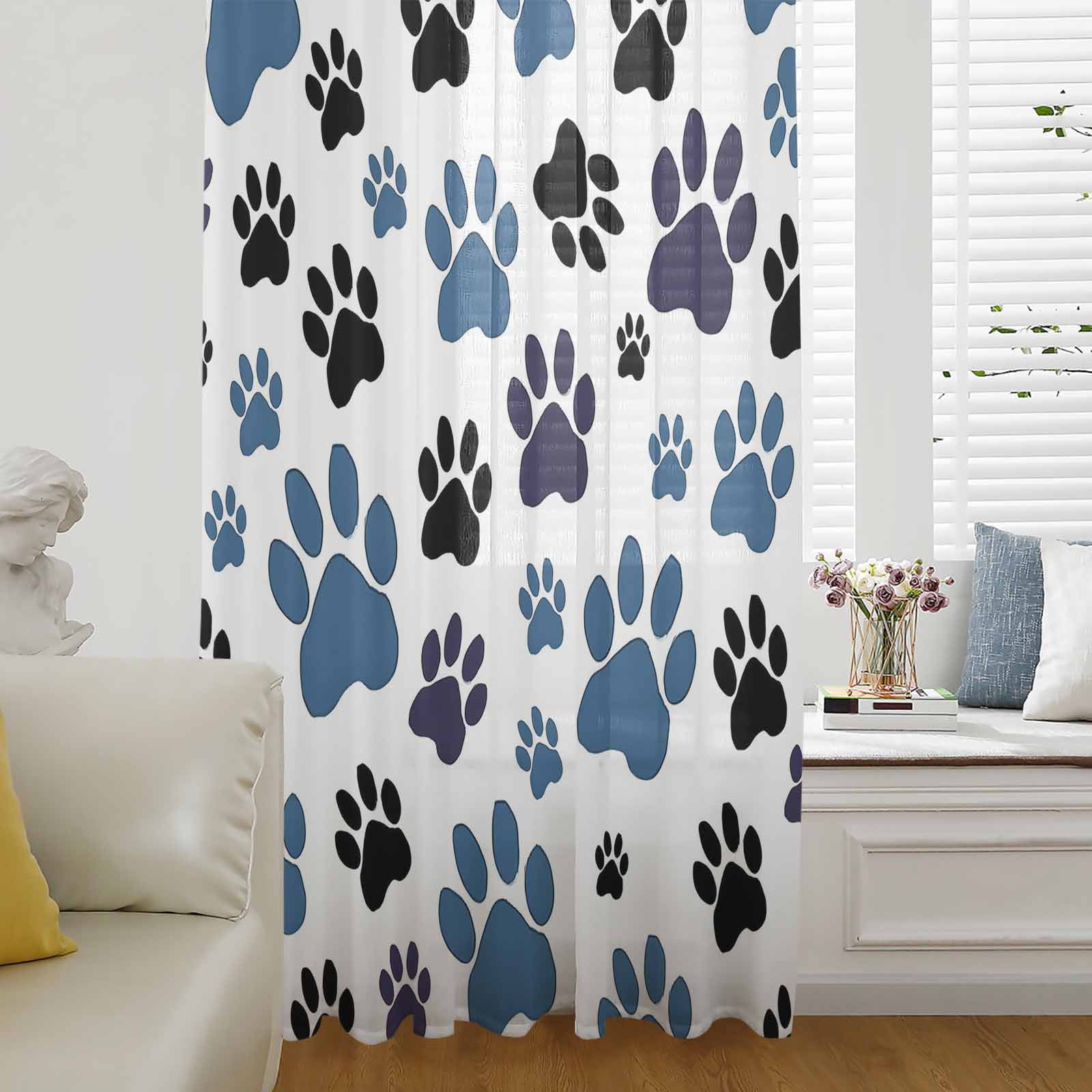 Blue Paw Print Window Curtain 84 Inches Long,Black Animal Cat Dog ...