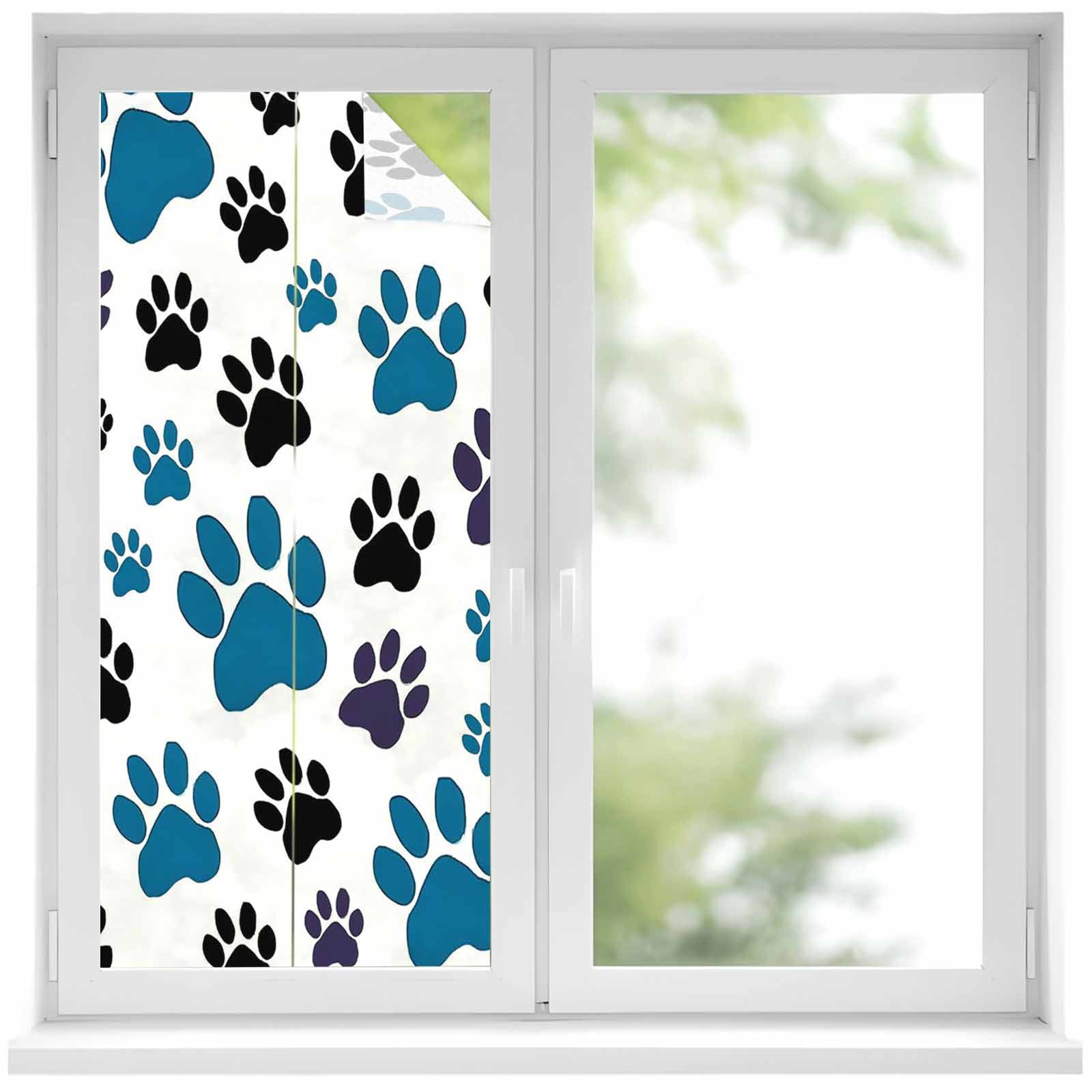 Blue Paw Print Window Privacy Film, Black Animals Cat Dog Colored ...