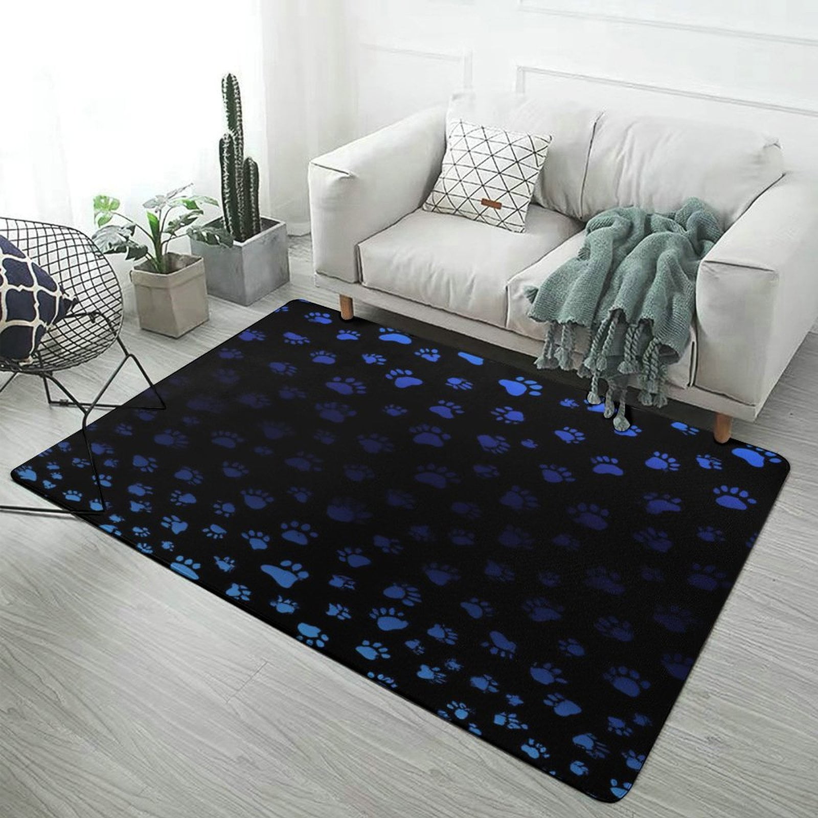 Blue Paw Prints on Black Background Area Rugs Soft Carpet Suitable for ...